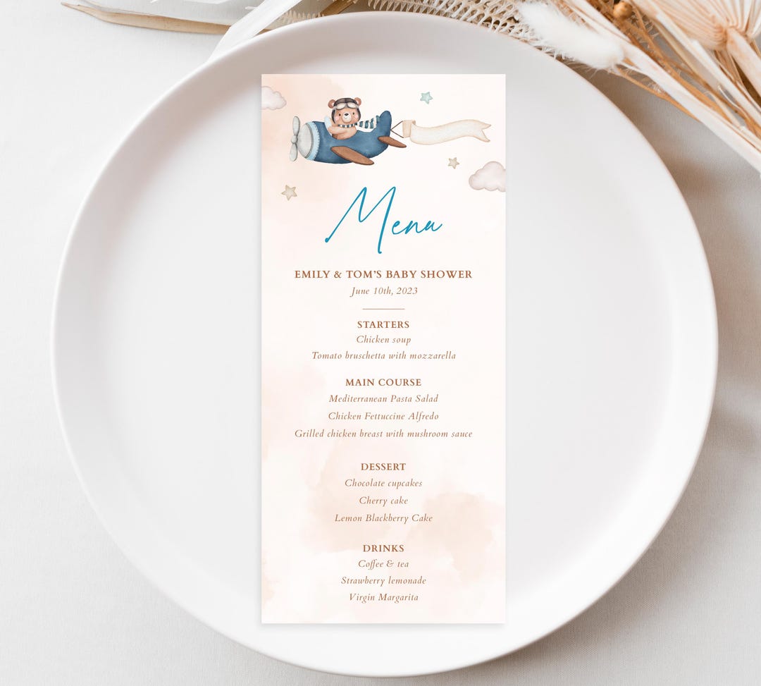 Airplane Baby Shower Menu Template, Adventure Awaits Theme - Etsy