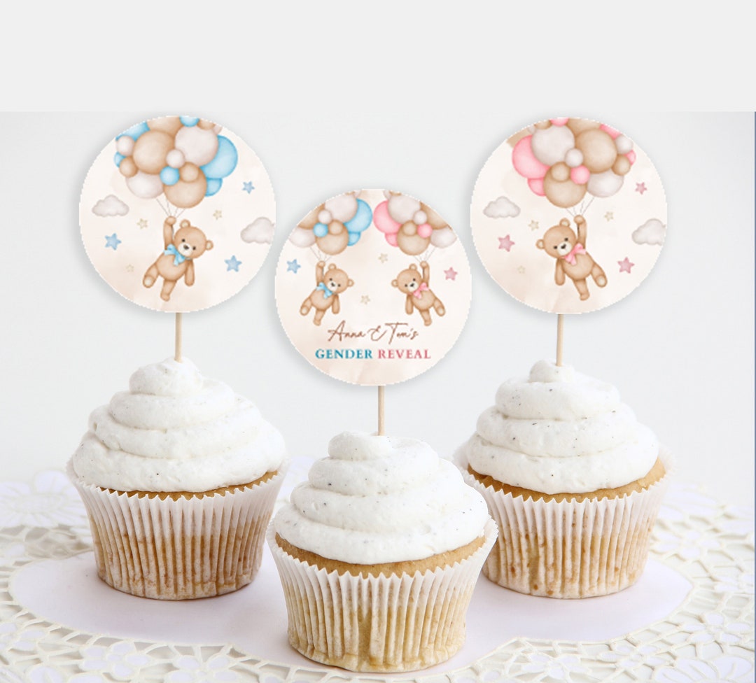EDITABLE Teddy Bears Cupcake Toppers, Bears Balloon Gender Reveal Party ...
