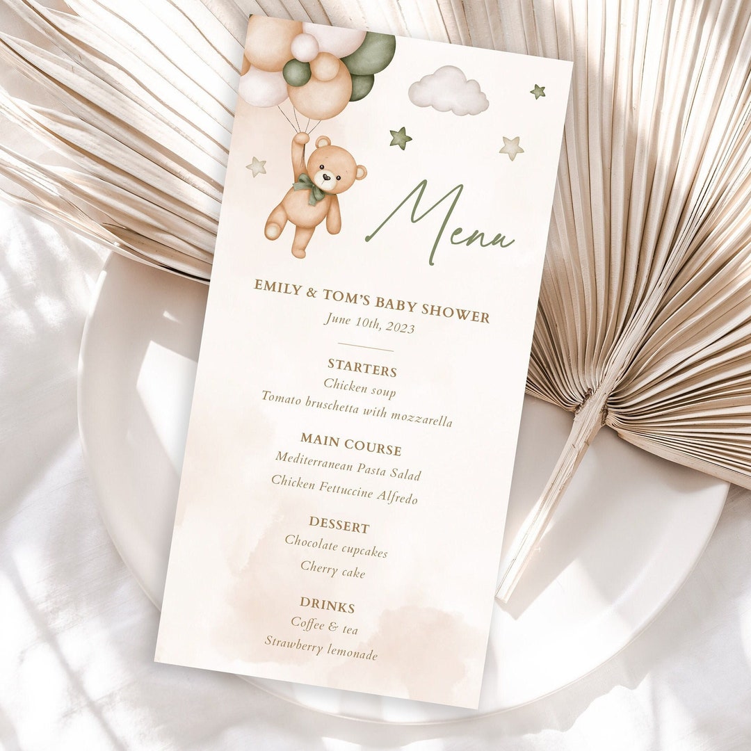 Sage Green Teddy Bear Menu Printable, Gender Neutral Baby Shower Menu ...