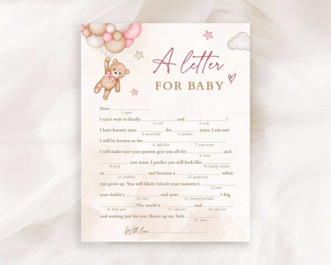Mad Libs Baby Shower Letter for Baby, Pink Teddy Bear Baby Shower, Pink ...