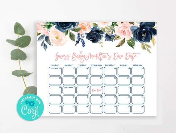Baby Due Date Calendar Navy and Blush Gender Reveal Due Date | Etsy