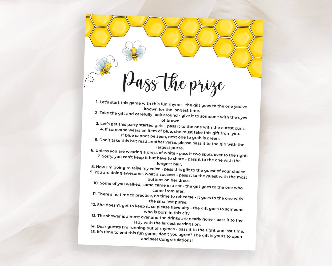 Pass the Prize Bee Baby Shower Game, Pass the Parcel Bumble Bee Baby ...