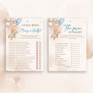 EDITABLE Blue Teddy Bear Baby Shower Games, Blue Bear Hot Air Balloon ...