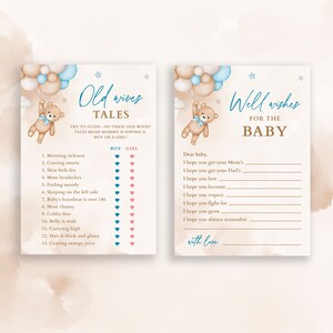 EDITABLE Blue Teddy Bear Baby Shower Games, Blue Bear Hot Air Balloon ...