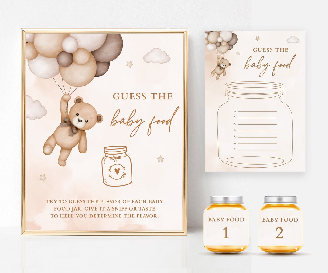 Baby Food Game, Beige Teddy Bear Baby Shower Guess the Baby Food Game ...