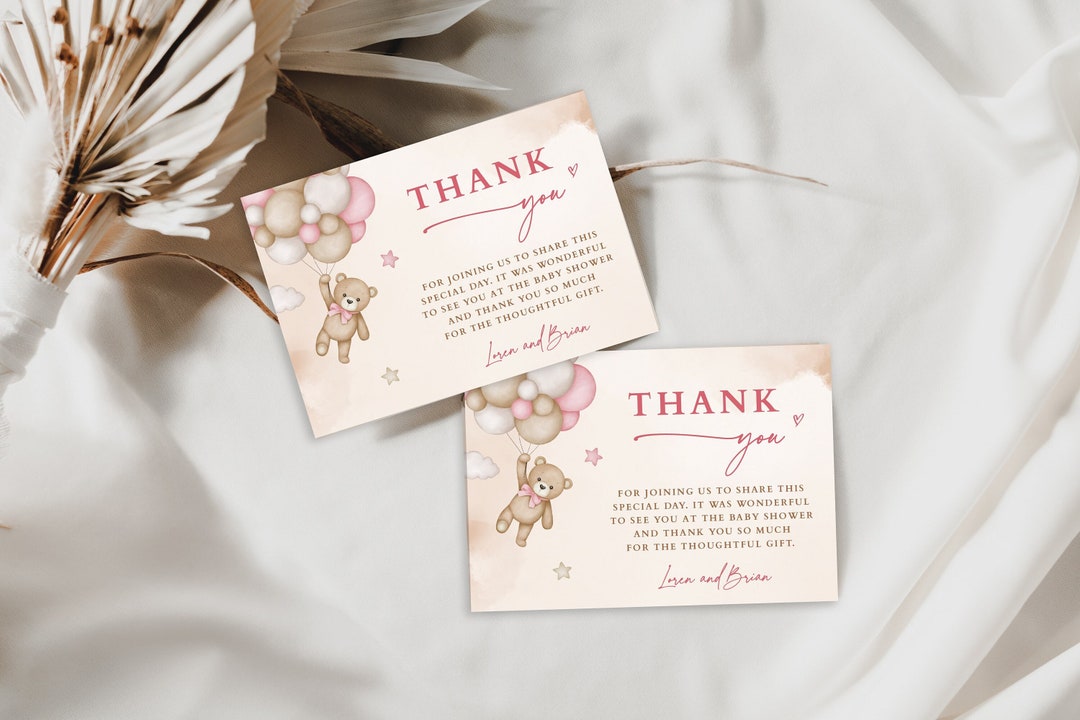EDITABLE Thank You Card Pink Teddy Bear Baby Shower, We Can Bearly Wait ...