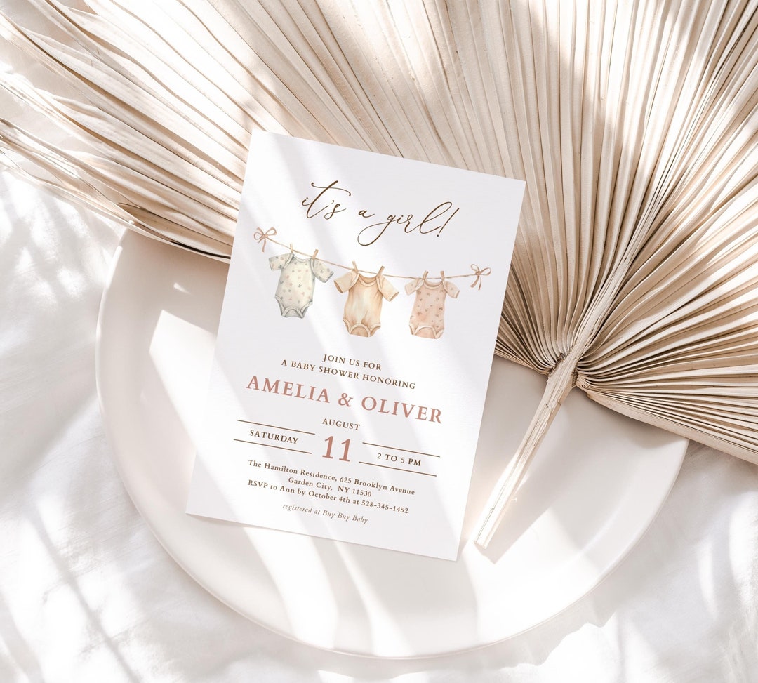 Boho Baby Clothes Baby Shower Invitation, It's a Girl Baby Shower ...