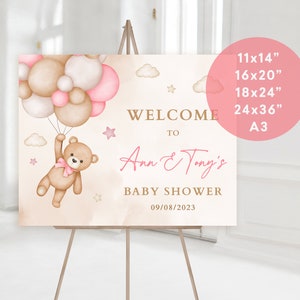 EDITABLE Welcome Banner for Baby Girl Pink Teddy Bear and Balloons ...