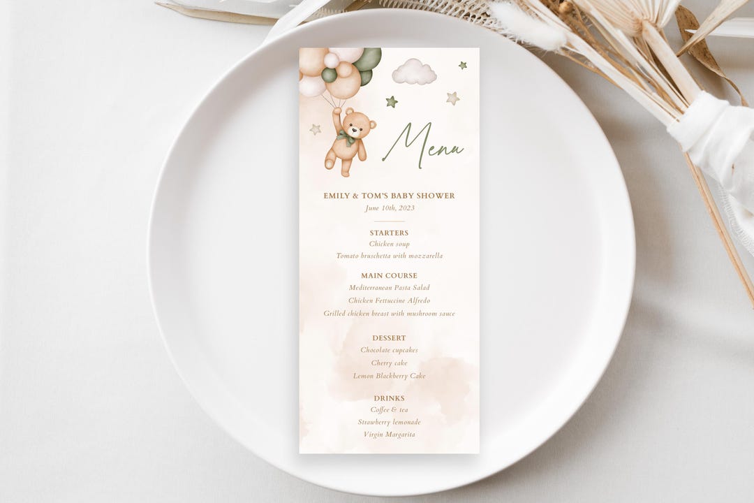 Sage Green Teddy Bear Menu Printable, Gender Neutral Baby Shower Menu ...