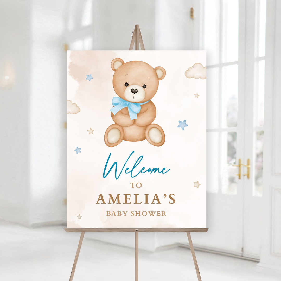EDITABLE Blue Teddy Bear Welcome to Baby Shower Banner, Blue Bear for ...