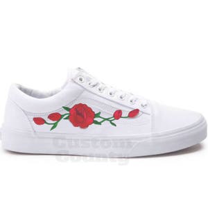 White Vans Old Skool Custom Pink Rose Embroidered Shoes-vans | Etsy