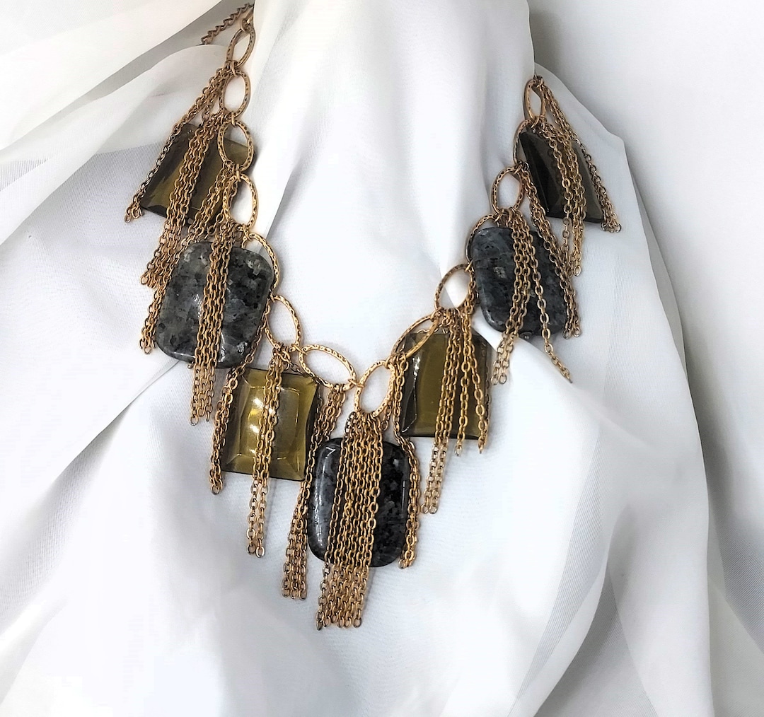Dynamite Vintage Art Deco Style Yellow Gold Tone Chain Link Tassels Bib ...