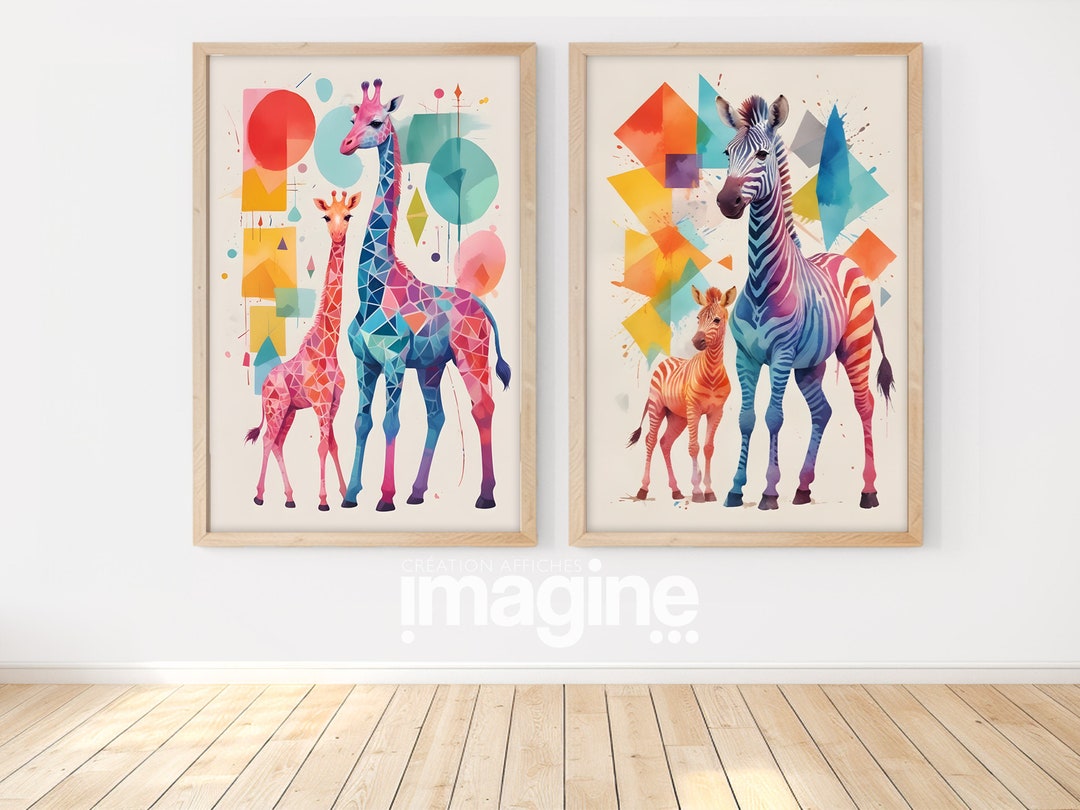 Geometric Savannah Animals Posters for Kids Room With Mom and Baby ...