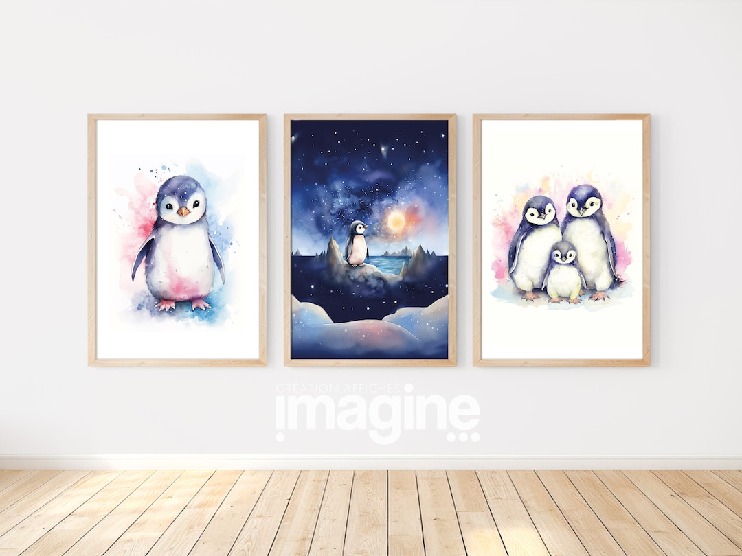 Set of 3 Penguin Under the Moon Posters - Enchanting Antarctic Theme ...