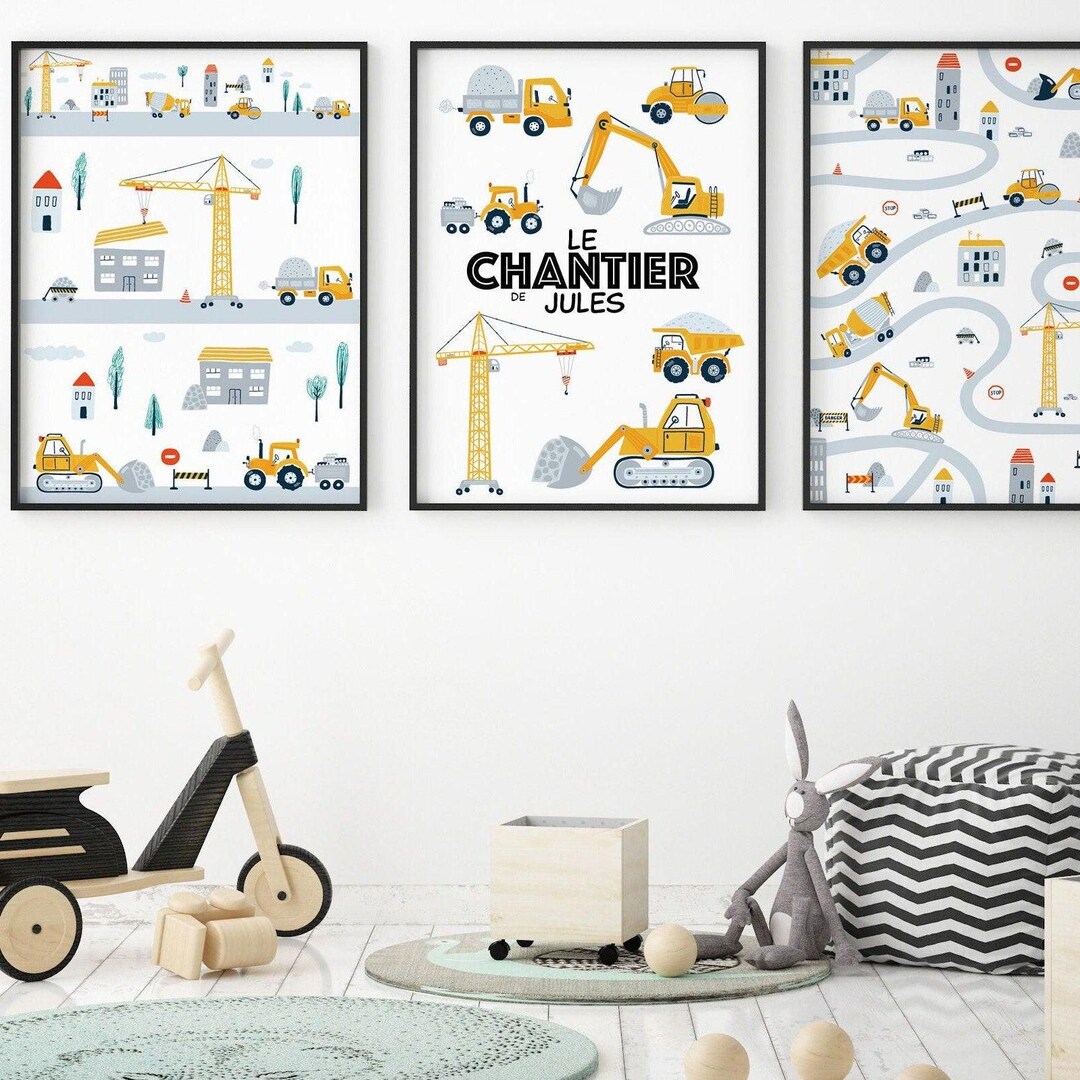 Set of 3 Personalized Construction Site Posters - Construction Vehicle ...