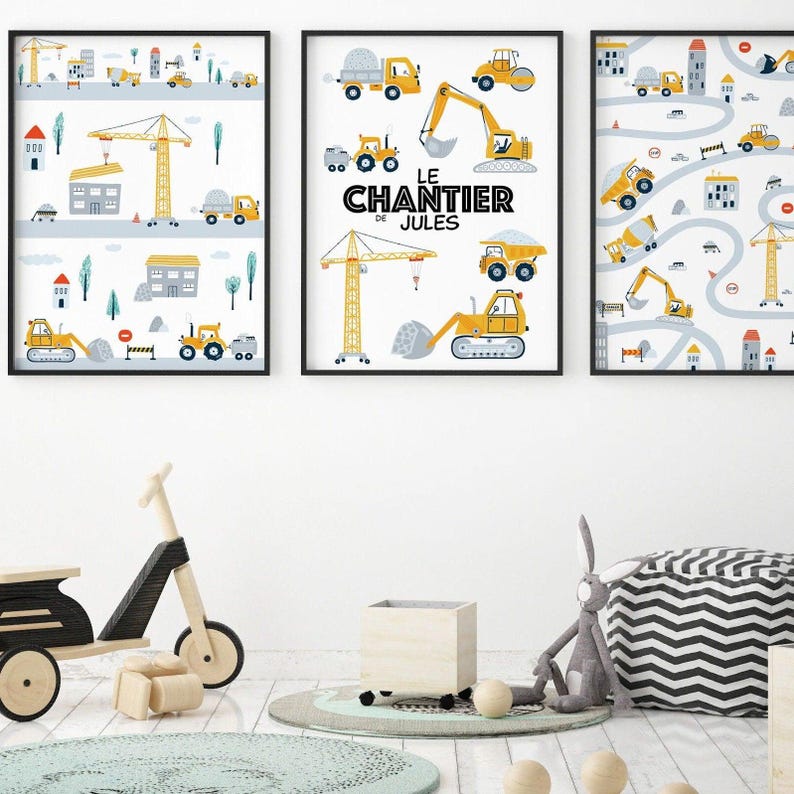 Set of 3 Personalized Construction Site Posters - Construction Vehicle ...