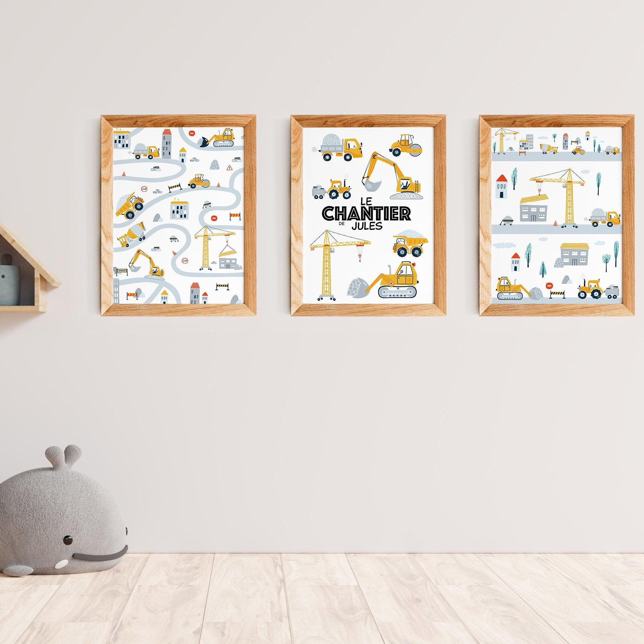 Set of 3 Personalized Construction Site Posters - Construction Vehicle ...