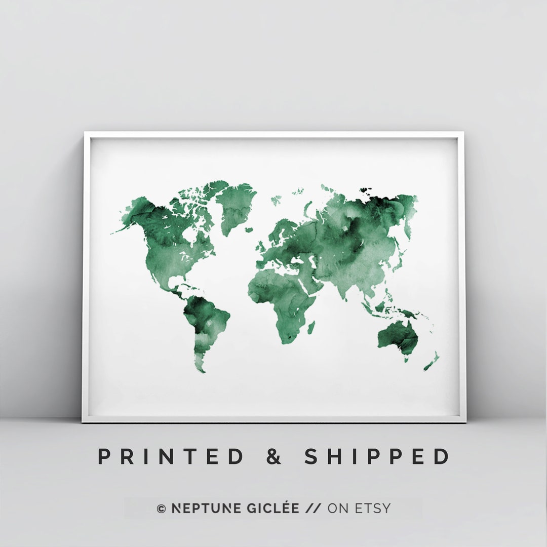 Dark Forest Green World Map Poster Print, Abstract Sage Emerald Green ...