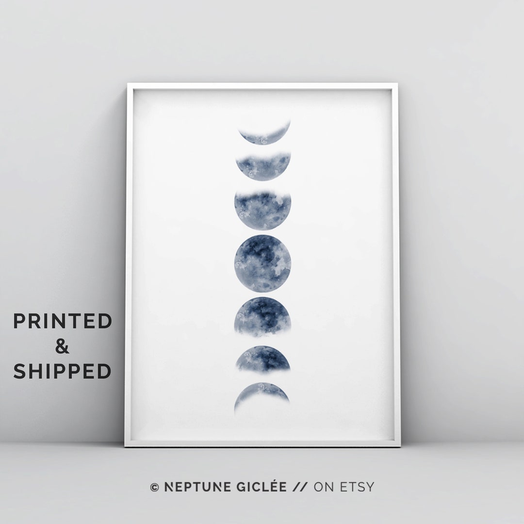 Indigo Navy Blue Moon Phases Print, Modern Phases of the Moon Wall Art ...