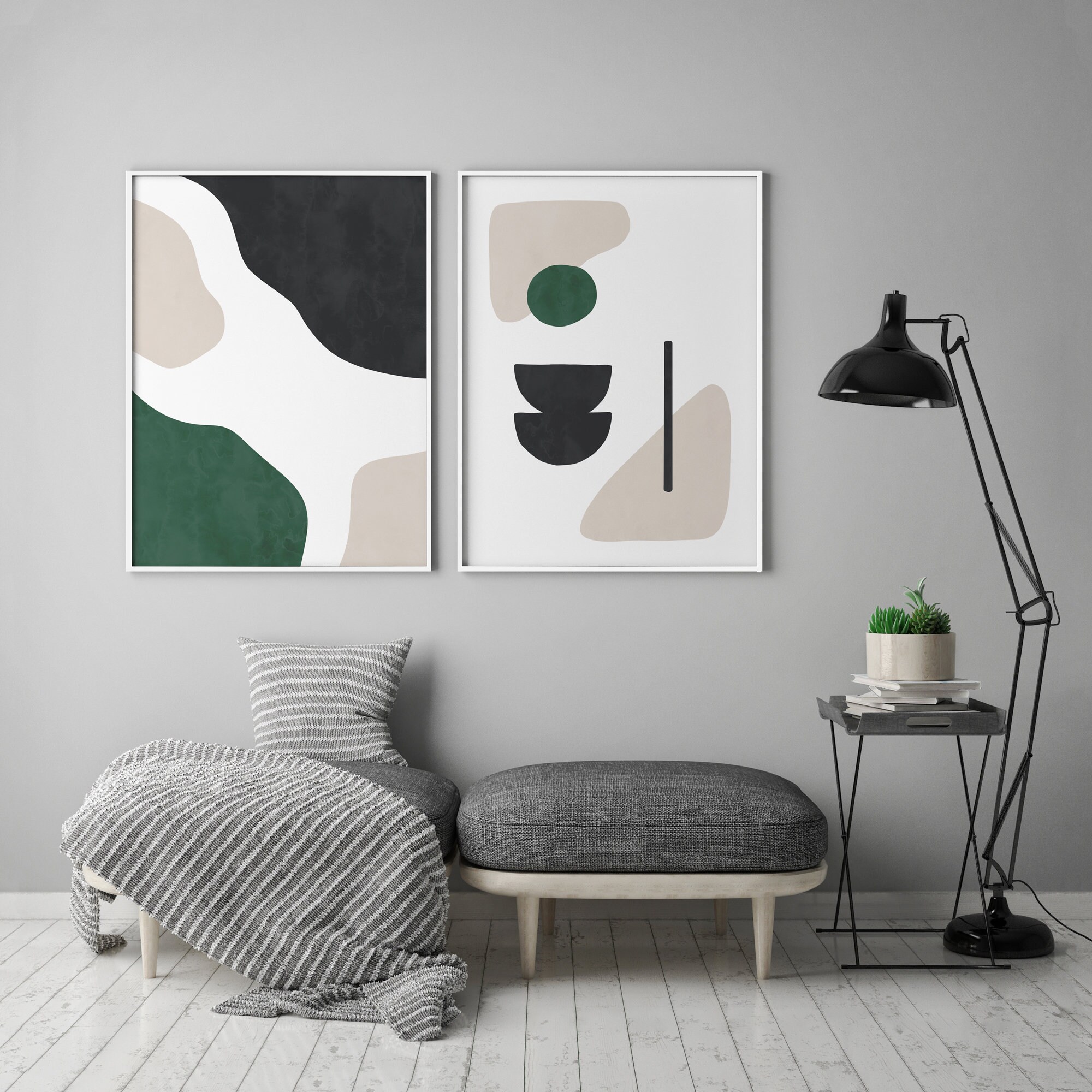 2 Piece Mid Century Forest Green Wall Art Poster Print, Abstract ...