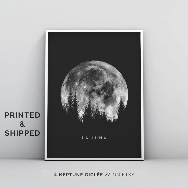 La Luna Moon Poster, Lunar Moon Print, Full Moon Poster Art, Black and ...