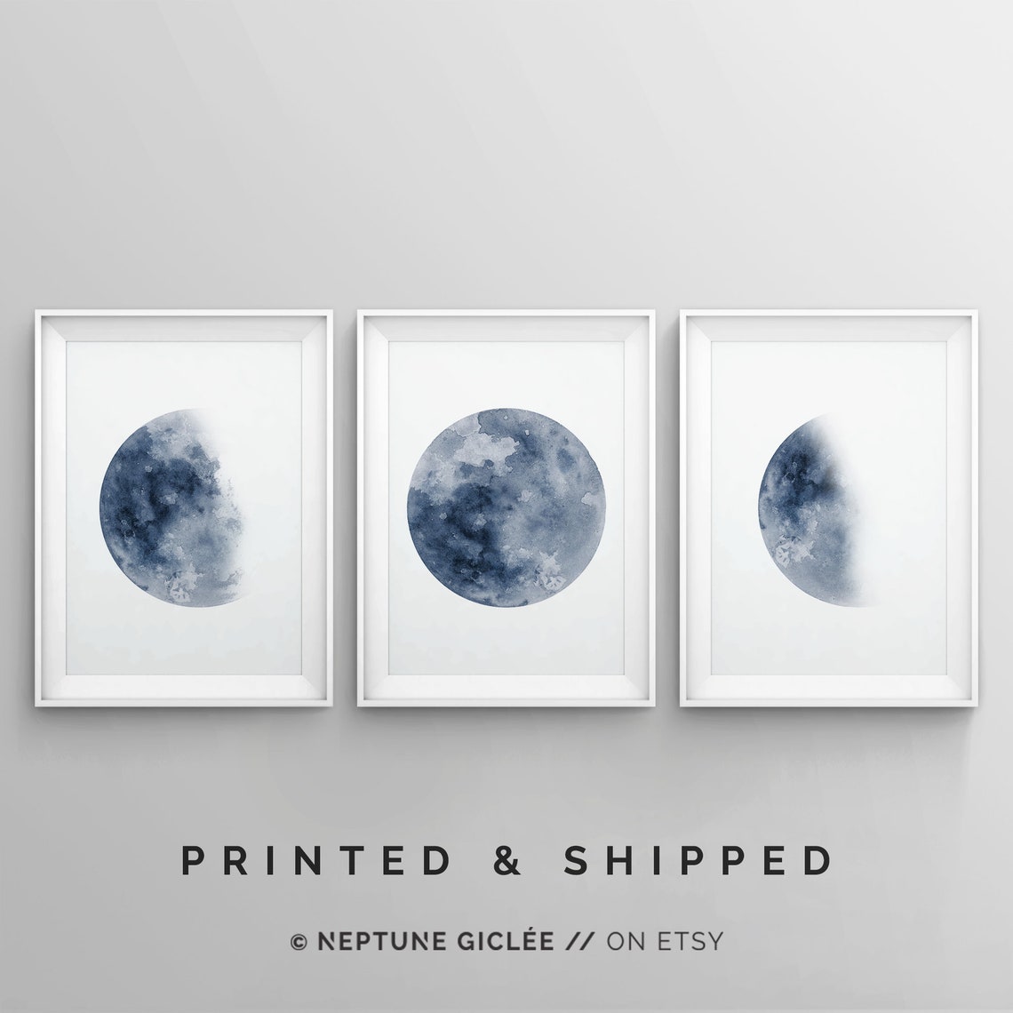 Set of 3 Piece Blue Moon Phases Watercolor Prints, Celestial Bedroom ...