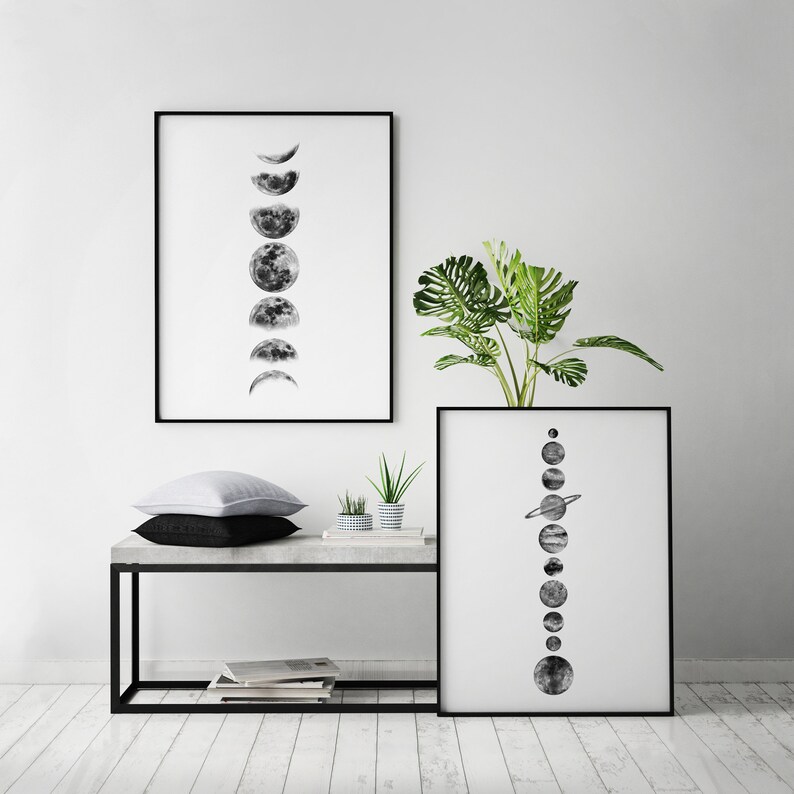 Set of 2 Moon Phases Solar System Minimalistic Black White - Etsy