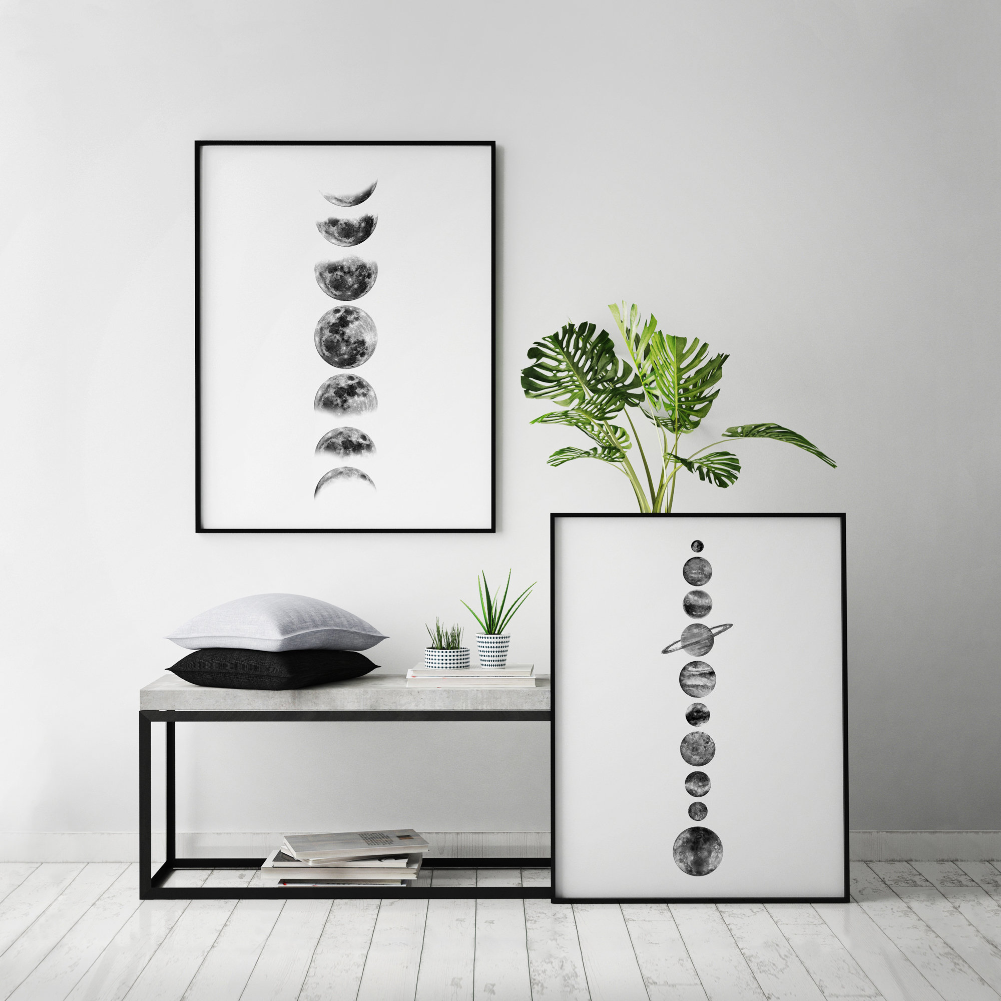 Set of 2 Moon Phases + Solar System Minimalistic Black White Wall Art ...