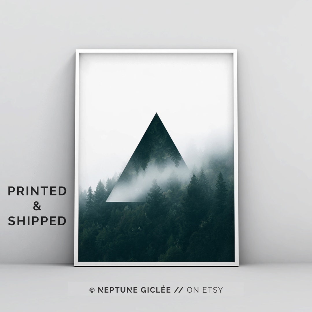 Forest Wall Art, Forest Poster, Geometric Mountain Print, Green Fog ...