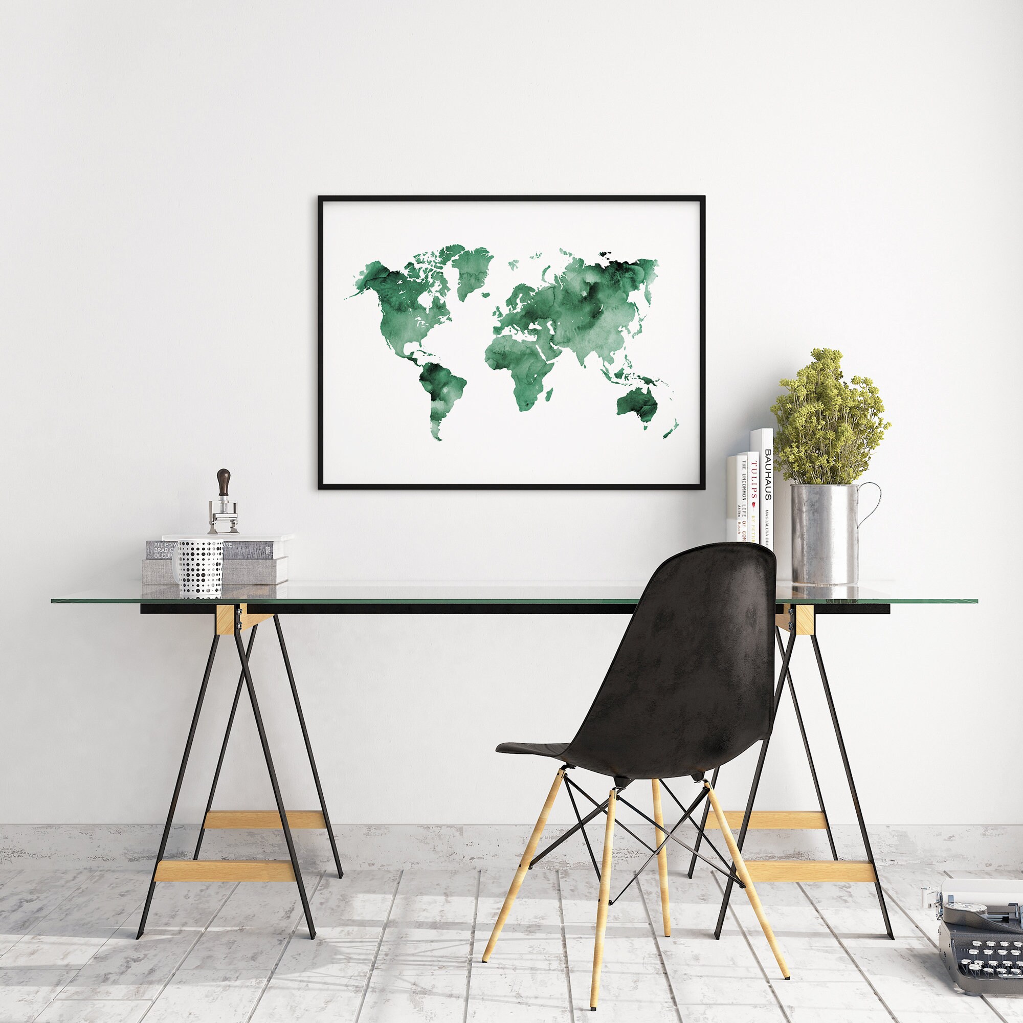 Dark Forest Green World Map Poster Print, Abstract Sage Emerald Green ...