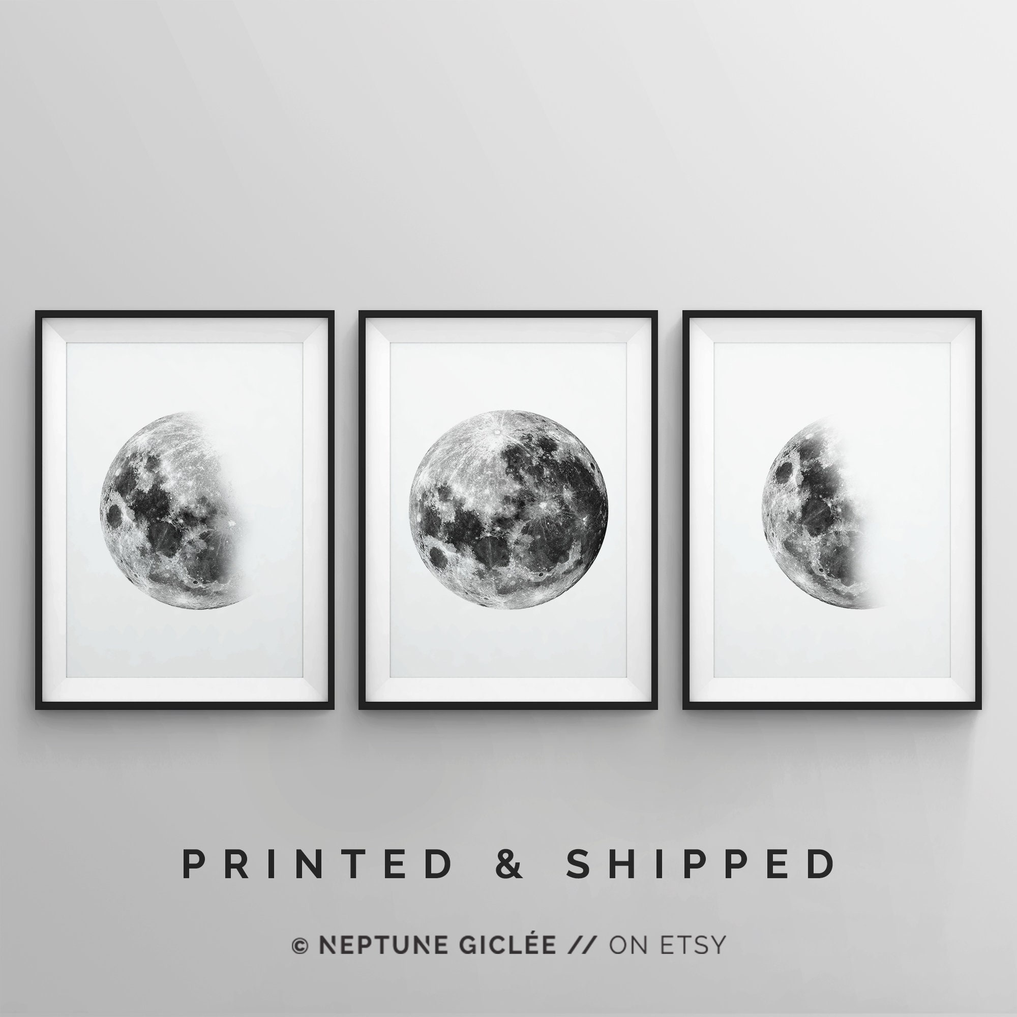 Set of 3 Piece Moon Prints Minimalistic Moon Art Black and - Etsy