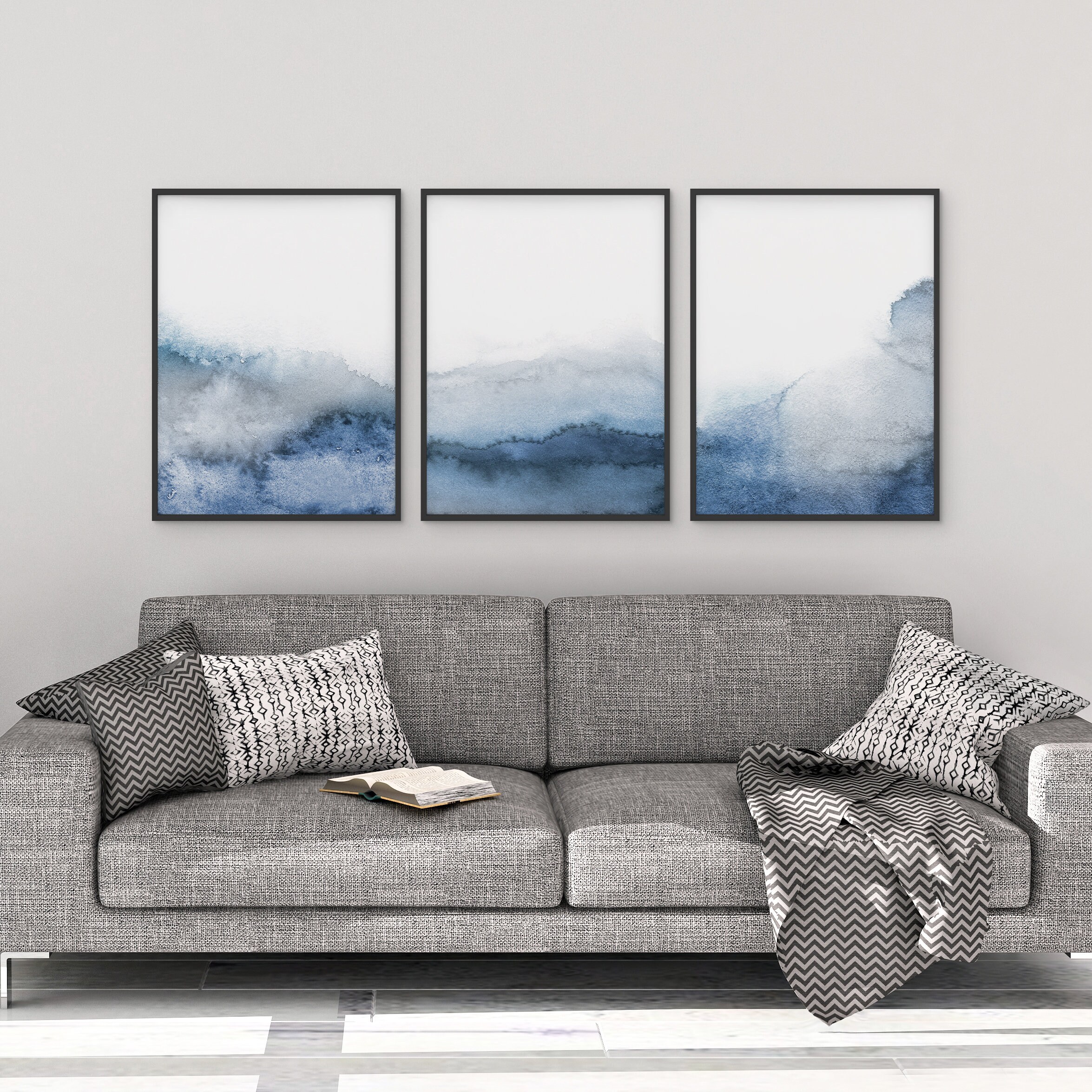 Set of 3 Blue Gray Abstract Wall Art, 3 Piece Modern Blue Grey ...