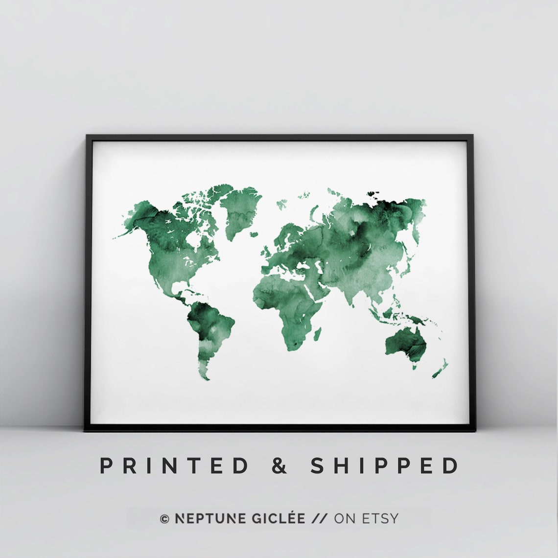 Dark Forest Green World Map Poster Print, Abstract Sage Emerald Green ...