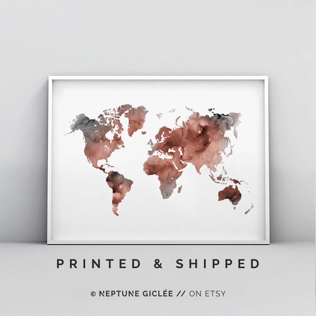 Red Terracotta World Map Poster, Red Wine Masala Maroon Modern Art ...