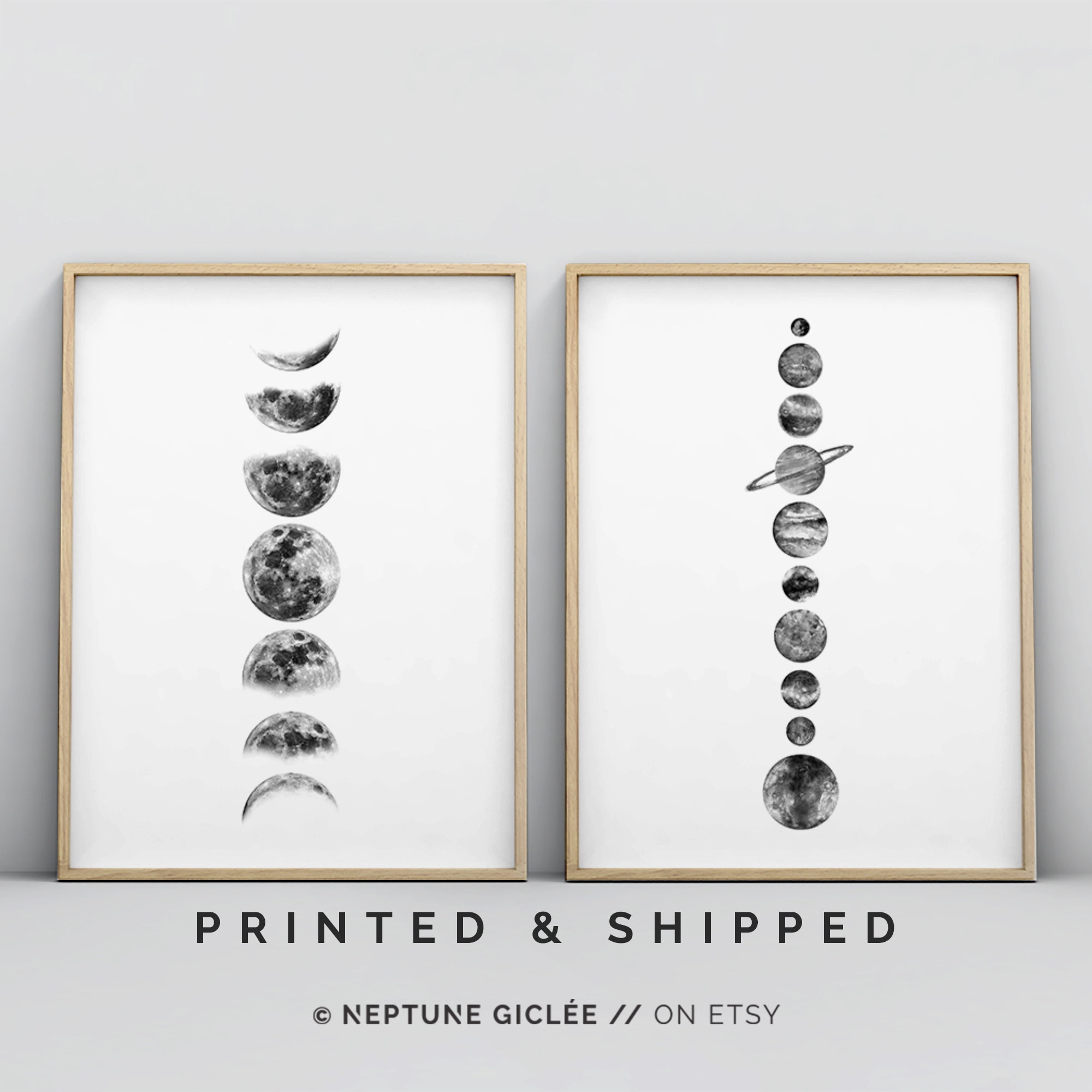 Set of 2 Moon Phases + Solar System Minimalistic Black White Wall Art ...