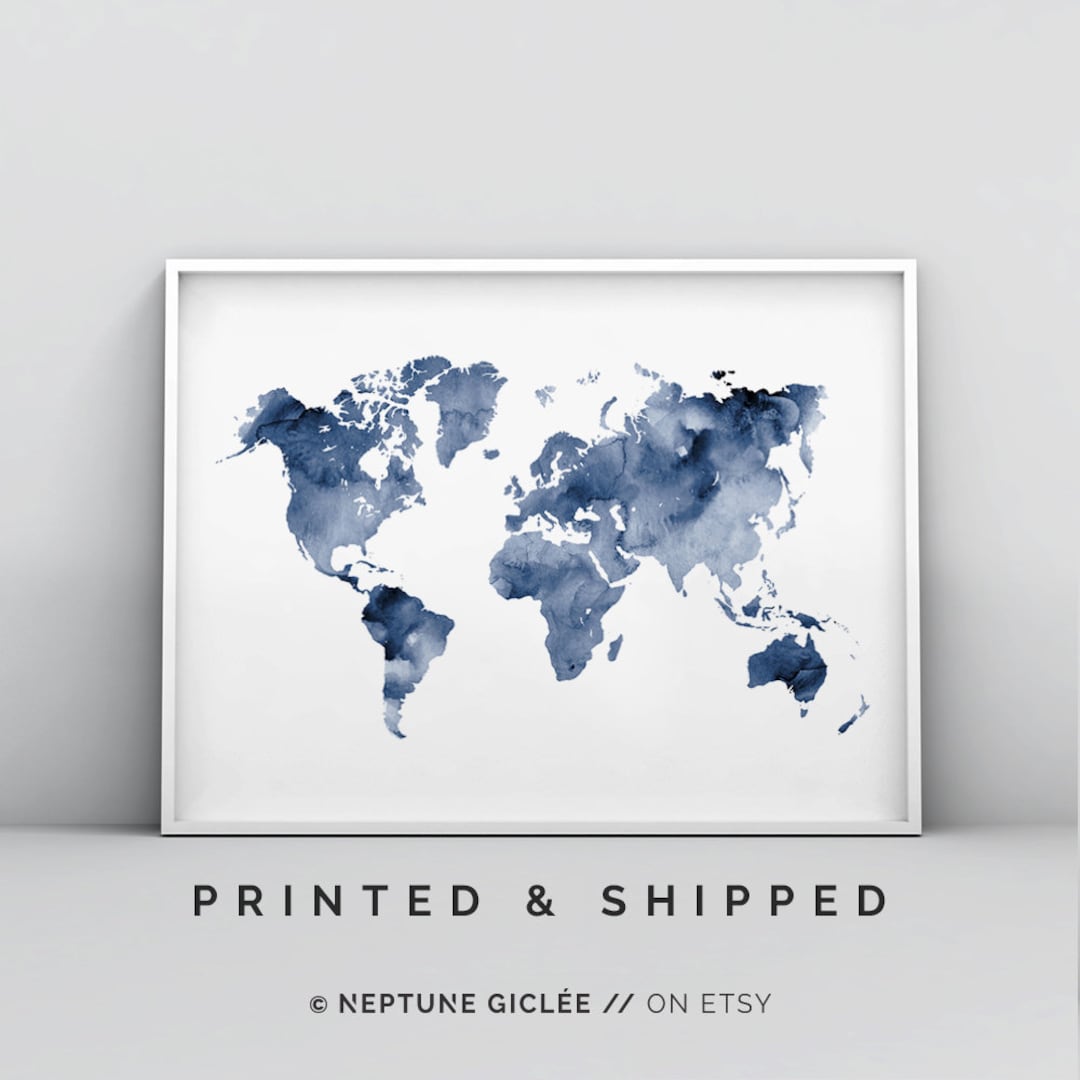 Blue World Map Print, Abstract World Map Wall Art, Blue World Map ...