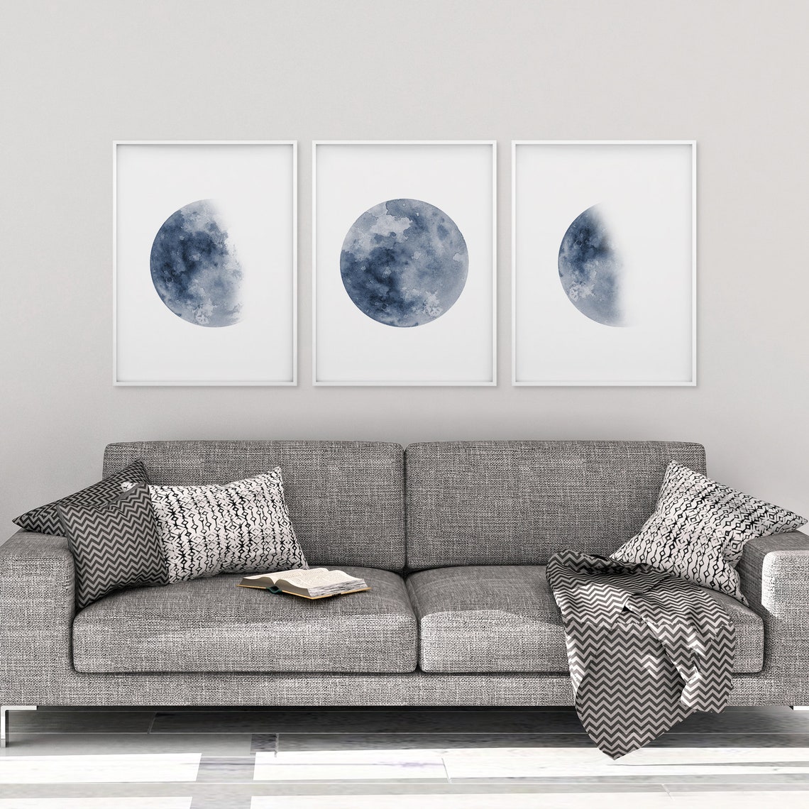 Set of 3 Piece Blue Moon Phases Watercolor Prints, Celestial Bedroom ...