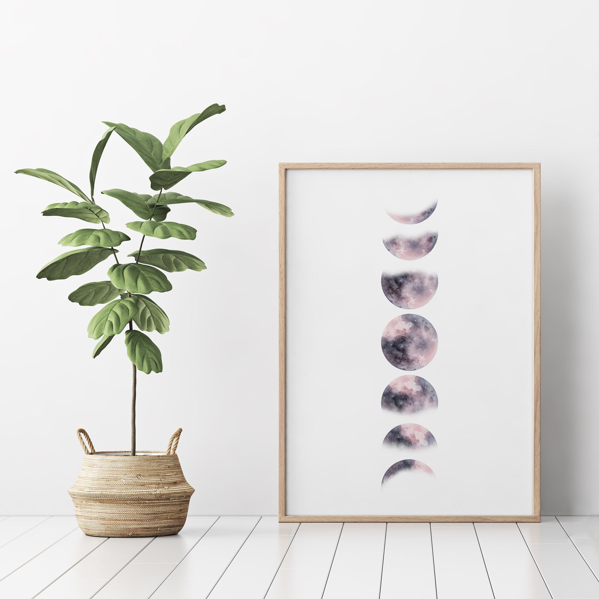 Pink Blush Blue Moon Phases Print, Modern Pastel Rose Phases of the ...