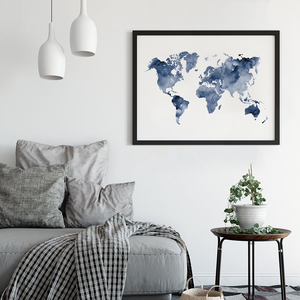 Blue World Map Print Abstract World Map Wall Art Blue World - Etsy