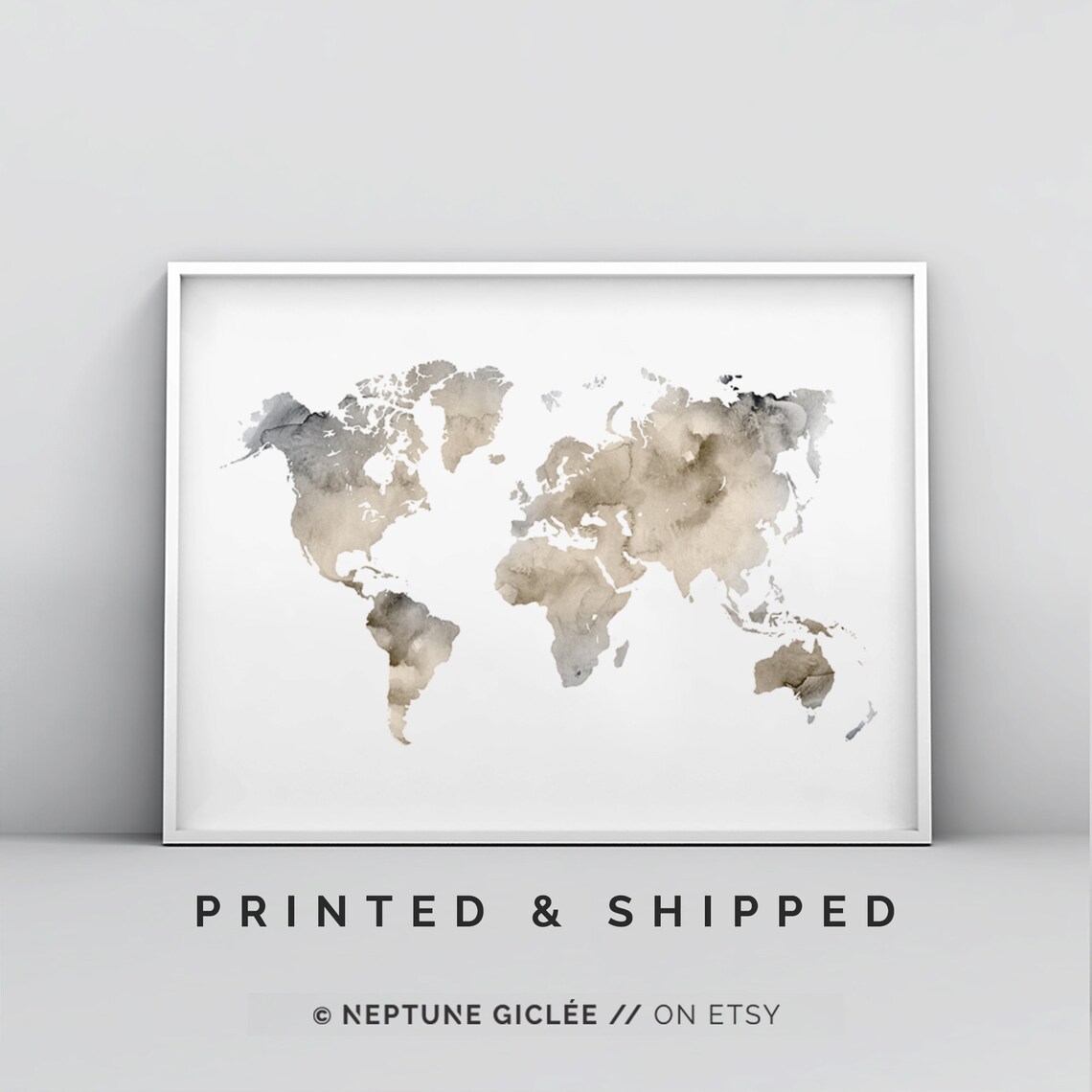 Neutral Tone Beige World Map Art Print Poster, Earth Tone Tan Modern ...