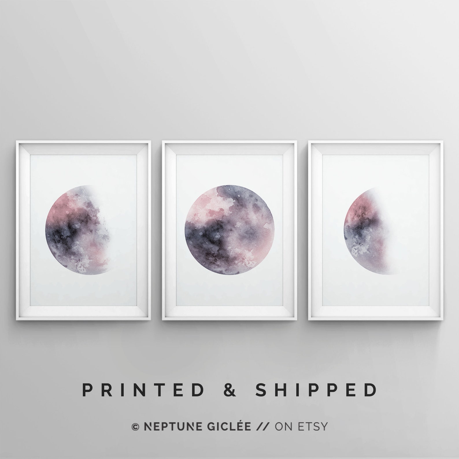 Set of 3 Piece Pink Blush Moon Phase Watercolour Prints | Etsy