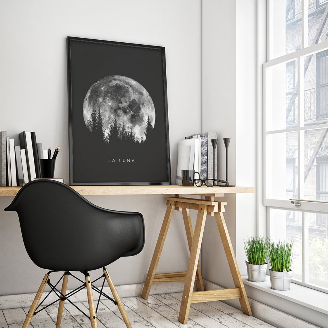 La Luna Moon Poster, Lunar Moon Print, Full Moon Poster Art, Black and ...