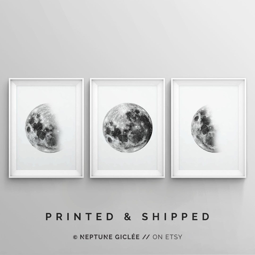 Set of 3 Piece Moon Prints, Minimalistic Moon Art, Black and White Moon ...