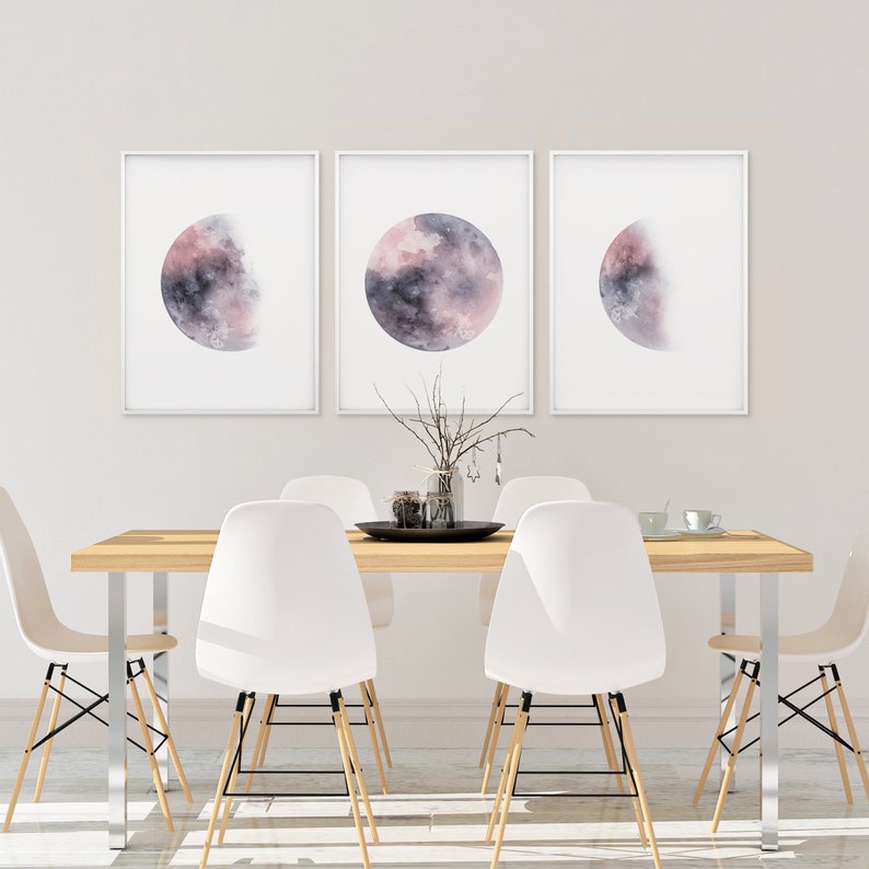 Set of 3 Piece Pink Blush Moon Phase Watercolour Prints - Etsy