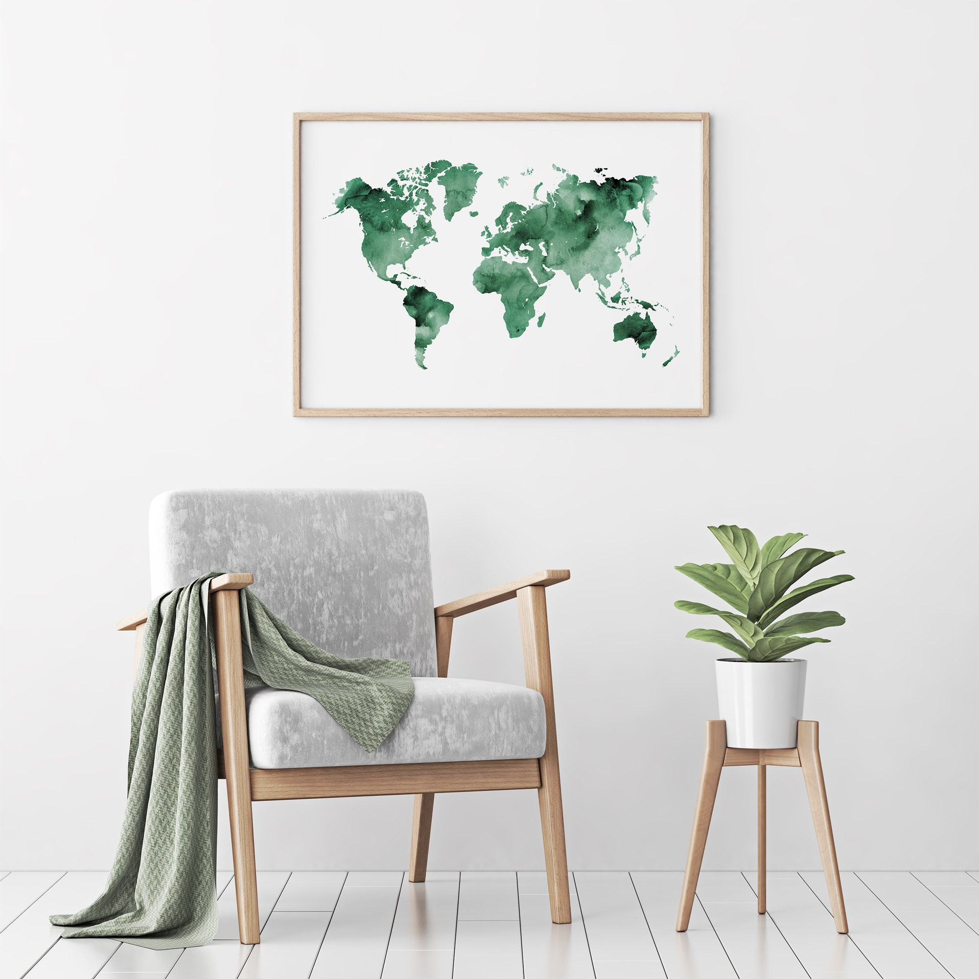 Dark Forest Green World Map Poster Print, Abstract Sage Emerald Green ...