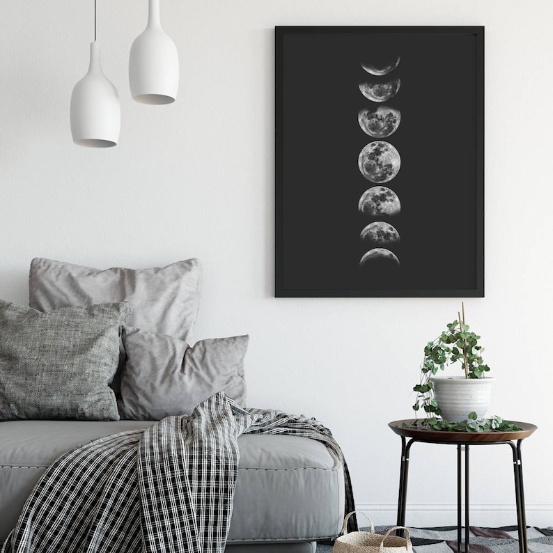 Moon Phases Wall Art Black and White Moon Phases Poster Moon | Etsy