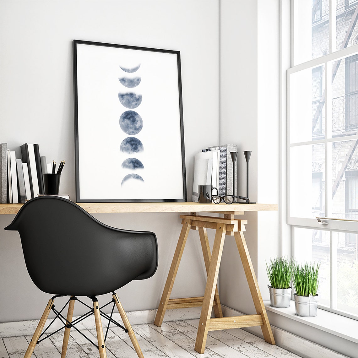 Indigo Navy Blue Moon Phases Print, Modern Phases of the Moon Wall Art ...