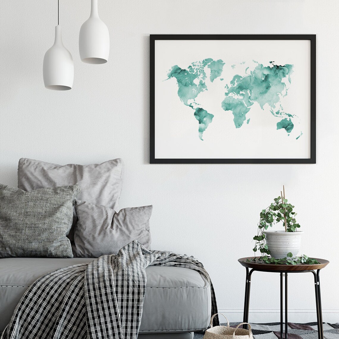 Teal Map Print Abstract World Map Wall Art Teal World Map - Etsy