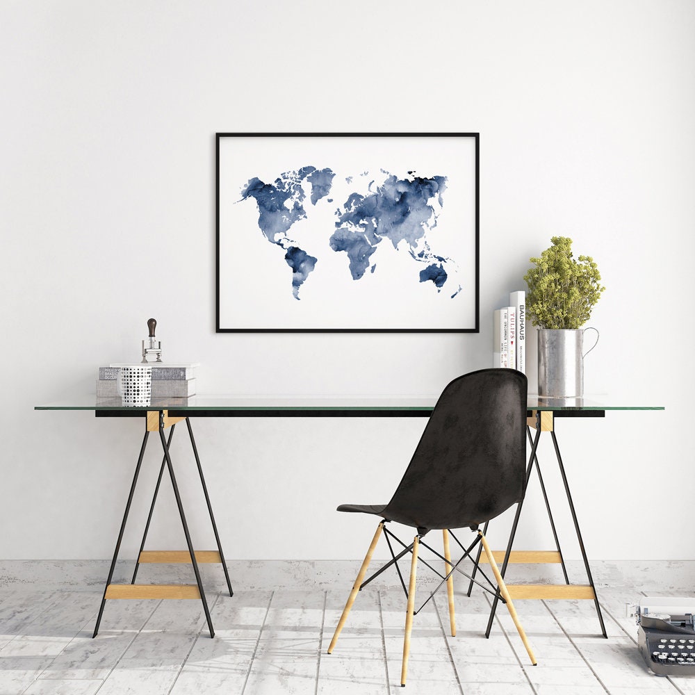 Blue World Map Print Abstract World Map Wall Art Blue World | Etsy