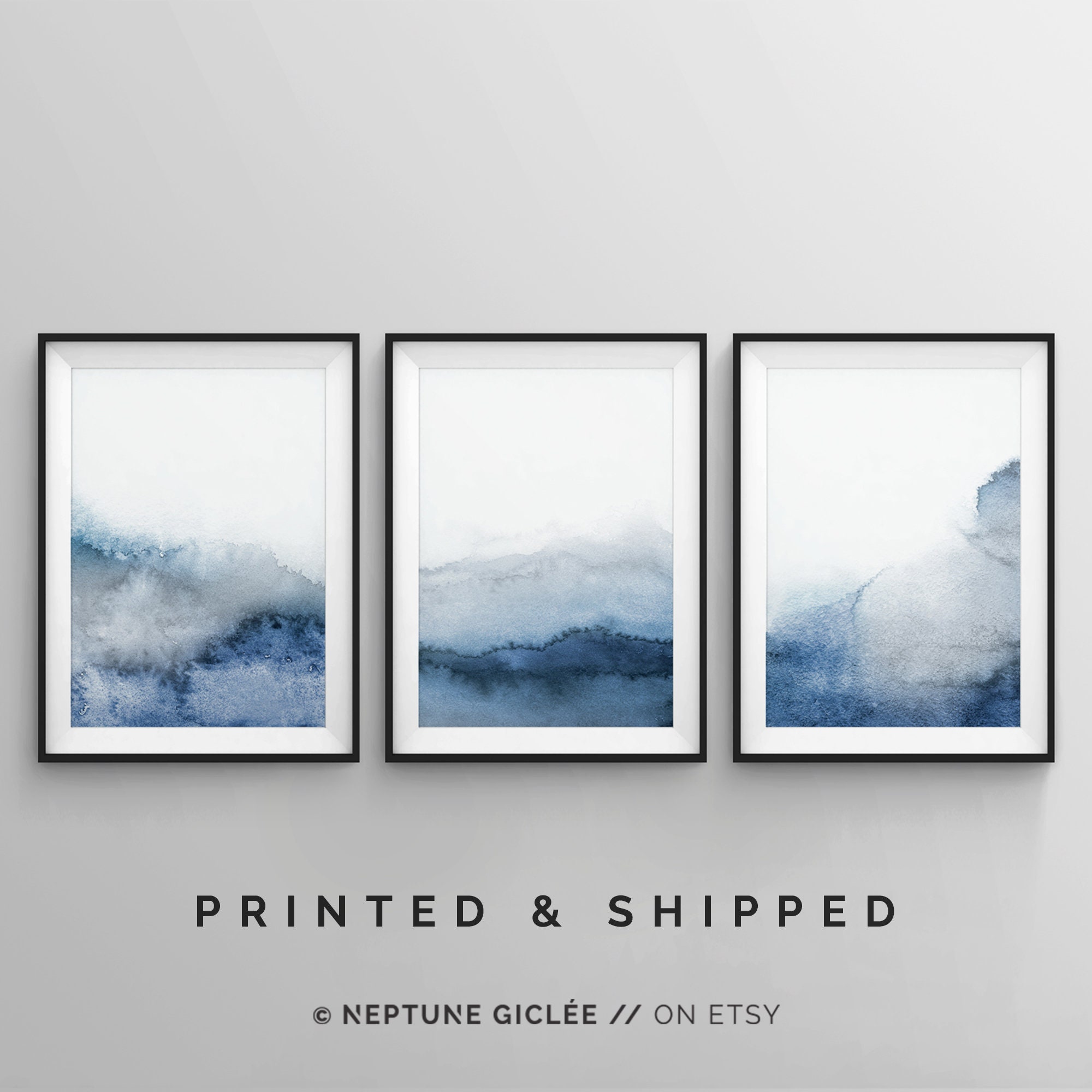 Set of 3 Blue Gray Abstract Wall Art, 3 Piece Modern Blue Grey ...